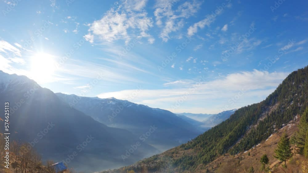 4K shot of Kullu valley during the foggy morning as seen from the top ...