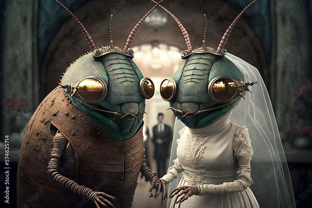 A beauitiful portrait of two bugs, beetles or cockroaches getting ...