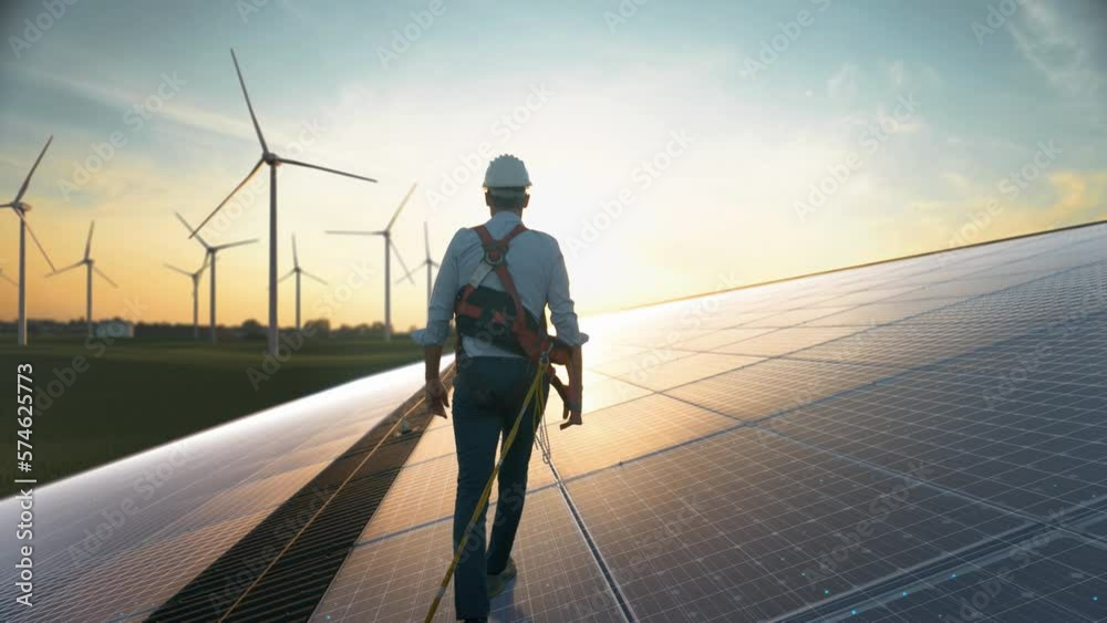 Professional Male Green Energy Engineer Walking On Solar Panel, Wearing ...