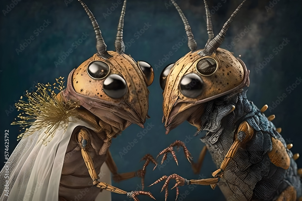 A beauitiful portrait of two bugs, beetles or cockroaches getting ...