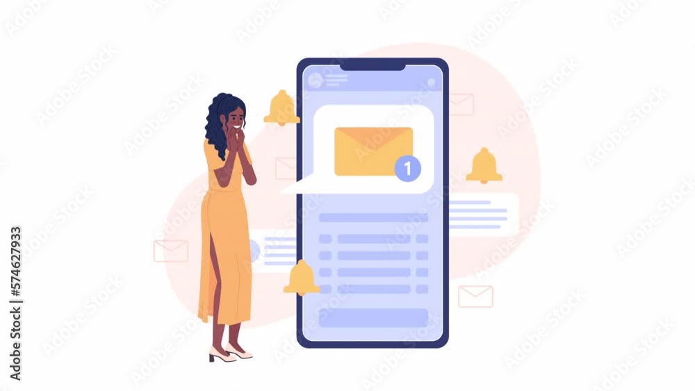Animated email. Excited woman receiving new message in digital mailbox ...