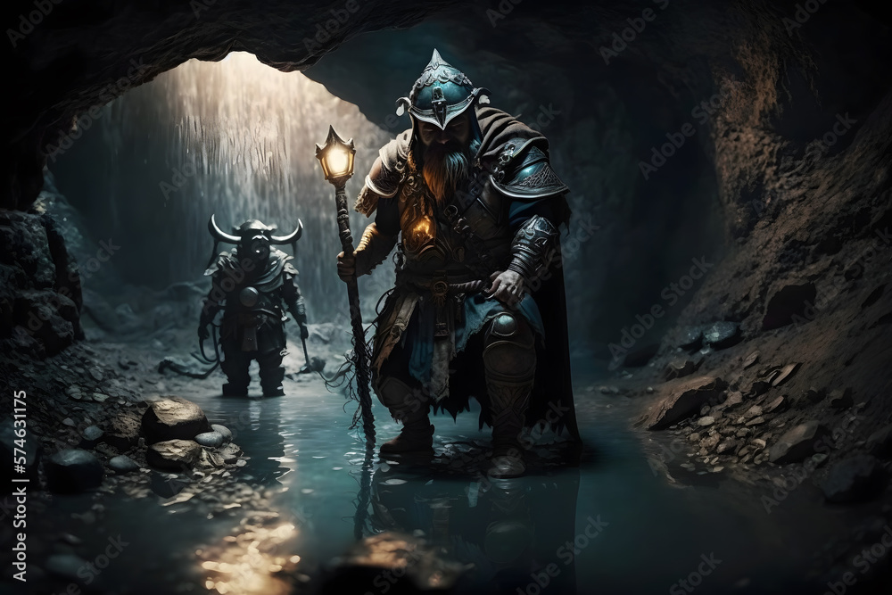Warrior gnome in dark cave corridor with fantasy staff. Neural network ...