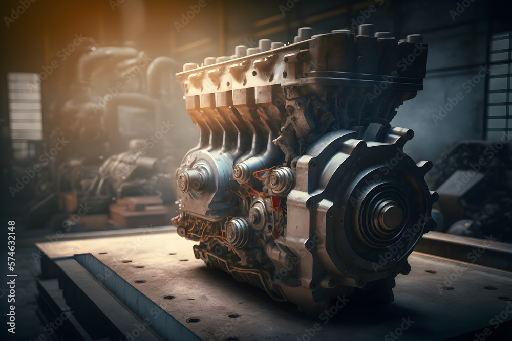 Modern car engine block on table in service room. Neural network AI ...