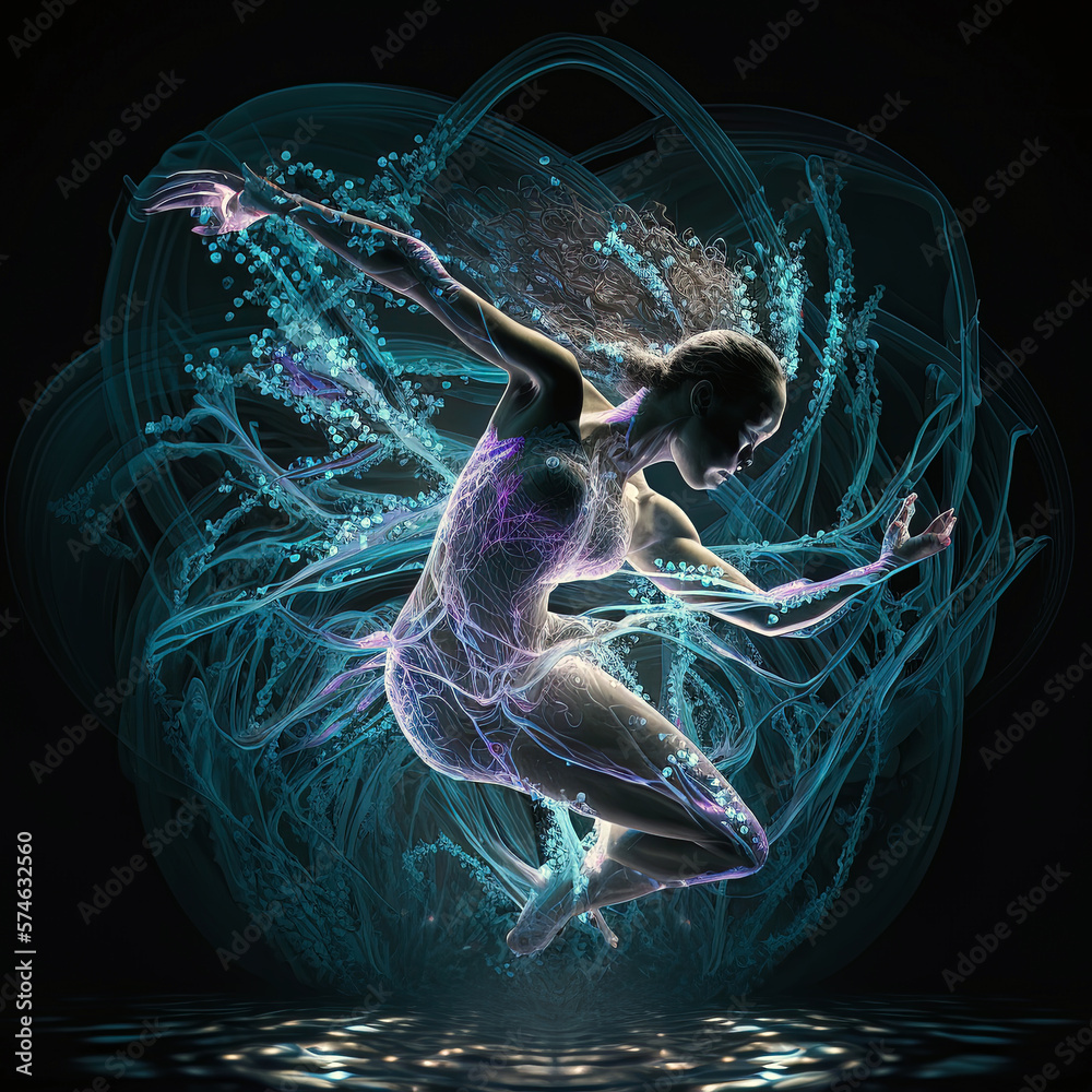 Dynamic action of a girl doing synchronized swimming. Abstract colorful ...