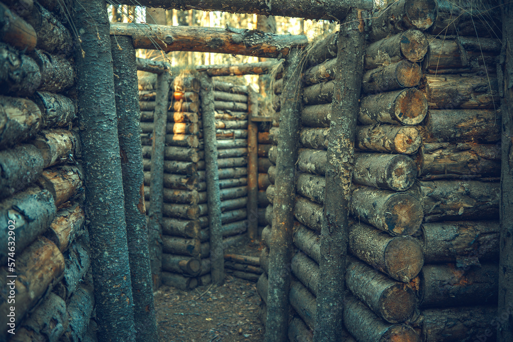 Strengthening trenches in the forest with wooden logs.Arrangement of a ...