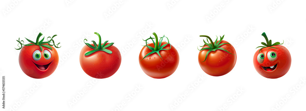 Collection of tomatoes. Cartoon Tomato with eyes and mouth. Whole ...