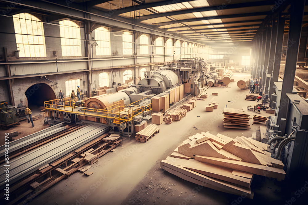 Woodworking sawmill production and processing of wooden boards in a ...