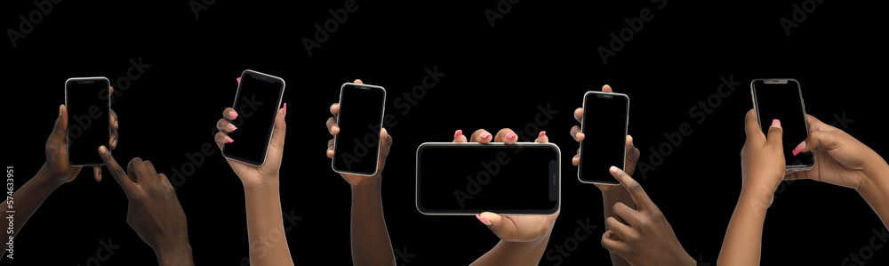 Multiple male and female Hands holding clean black Smartphone mockup ...