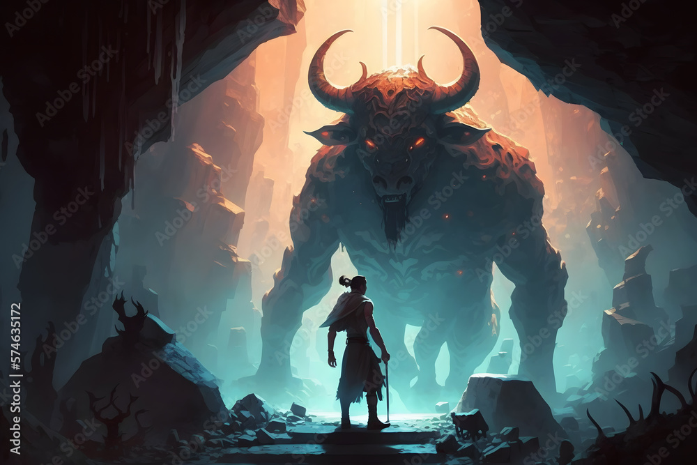 Theseus found the creature minotaur in cave labyrinth greek mythology ...