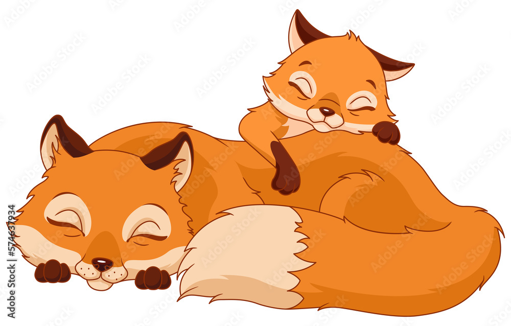 Sleeping Fox and Fox Cub Cartoon Illustration Stock Illustration ...