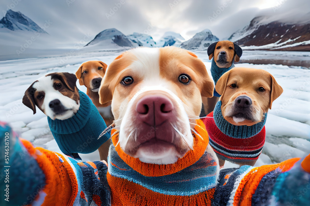 Group of dogs taking a selfie in the snowy mountains wearing dog ...