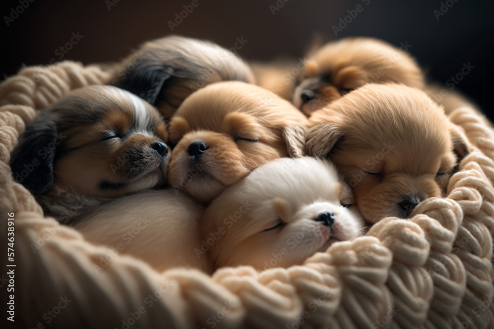 Cachorros recién nacidos de perro, perritos adorables dormidos en cama ...