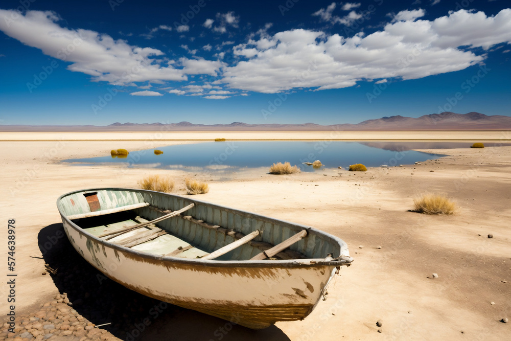 Barca de madera en paisaje desértico. Lago seco en paisaje desértico ...