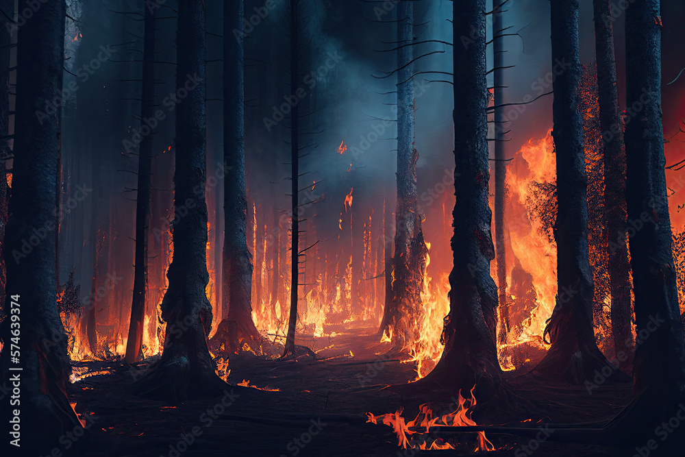 Forest fire. Burning trees in the forest with an open flame and a lot ...
