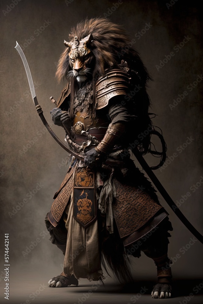 Full body Lion ancient Japanese samurai . AI generated art illustration ...