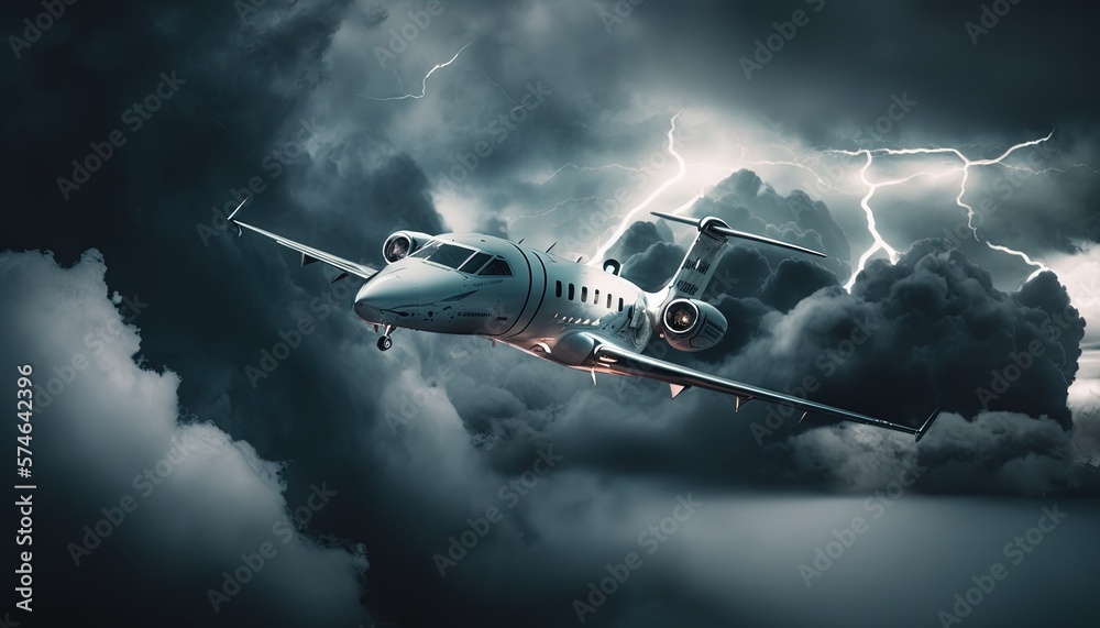Airplane flying through storm clouds with lightning generate ai Stock ...