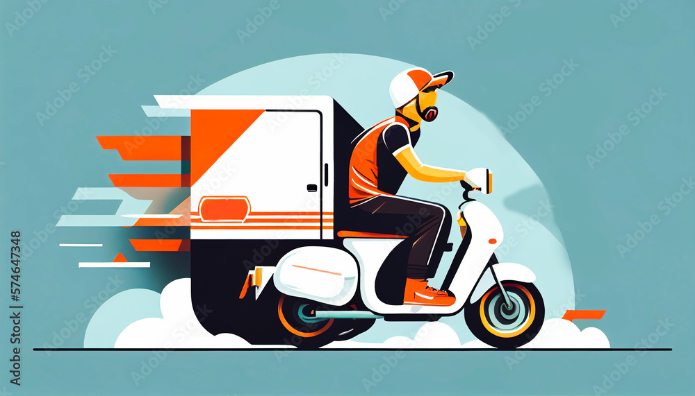 Delivery man riding a scooter illustration. Food delivery man ...