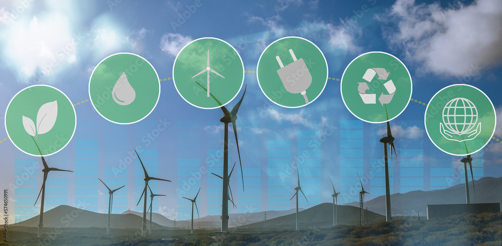 Wind power plant. New turbine technology system. Renewable energy and ...