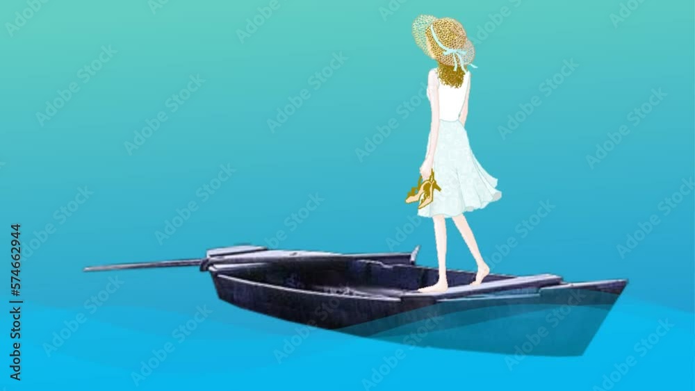 Rearview of cartoon girl standing on boat, ship, water waves, sea ...
