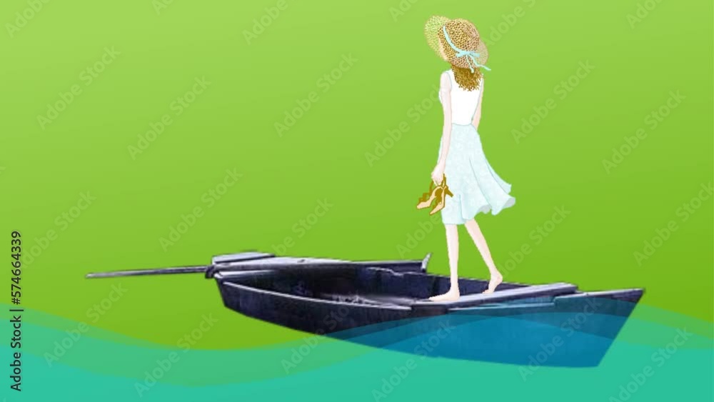 Rearview of cartoon girl standing on boat, ship, water waves, sea ...