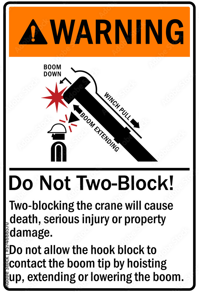 Overhead crane hazard sign and labels do not two block! two blocking ...