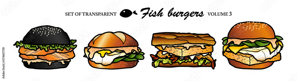 Cute hand drawn isolated color fish burgers on transparent background ...
