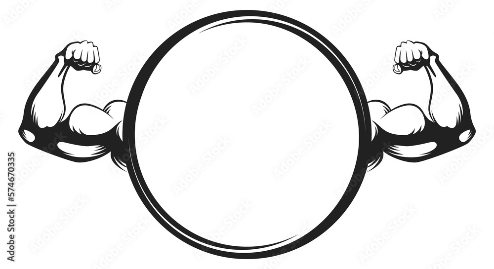 Strong arm on round logo template. Biceps emblem Stock Illustration ...