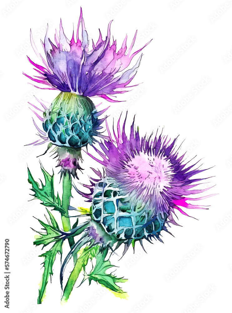 Thistle flowers over white background. Generative AI illustration in ...