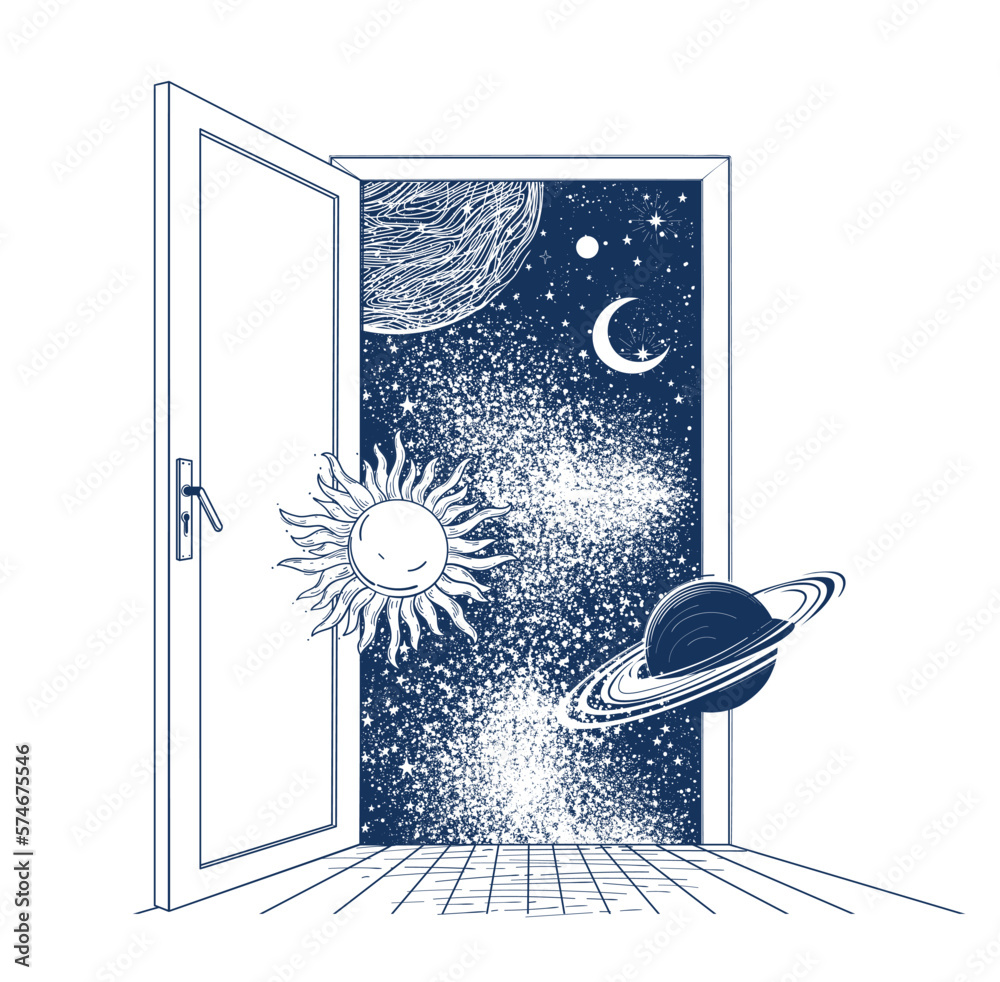 Open door to space with flying planets, sun and moon. Concept of ...