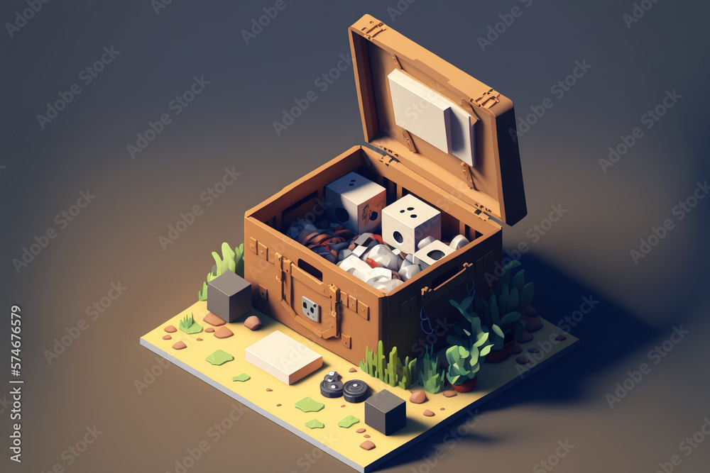 a little box without a lid on a flat shadowed white backdrop. isometric ...