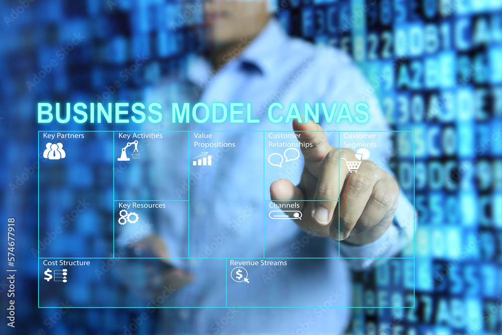 Business Man Pointing His Hand To The Table Of Business Model Canvas Is business-man-pointing-his-hand-to-the-table-of-business-model-canvas-is