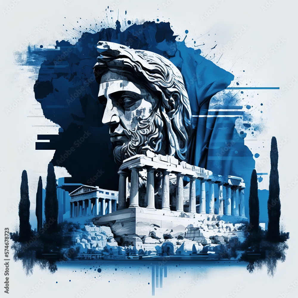 Parthenon temple in Athens, Greece, with the Greek flag incorporated ...