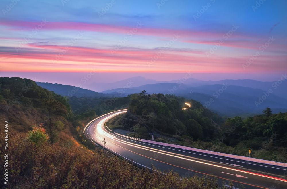 Beautiful Sunrise and car lights on the road at Doi Inthanon National ...