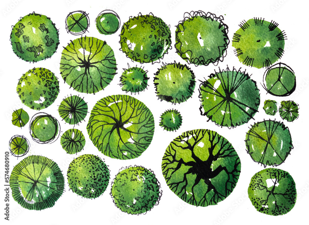 Symbols of Landscape architect plan design by watercolor hand drawn ...
