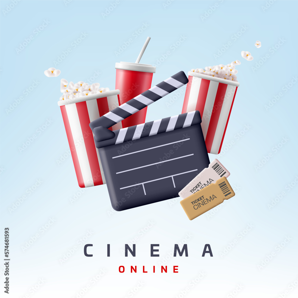 Cinema online. Modern dynamic 3D composition of clapper, popcorn, drink ...