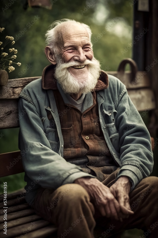 Portrait alter Mann mit Bart, Senior oder Opa auf Parkbank im Wald ... Portrait alter Mann mit Bart, Senior oder Opa auf Parkbank im Wald ...