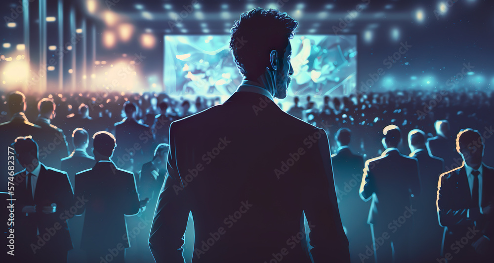 Person Speaker or talking on stage with spotlight and many people ...