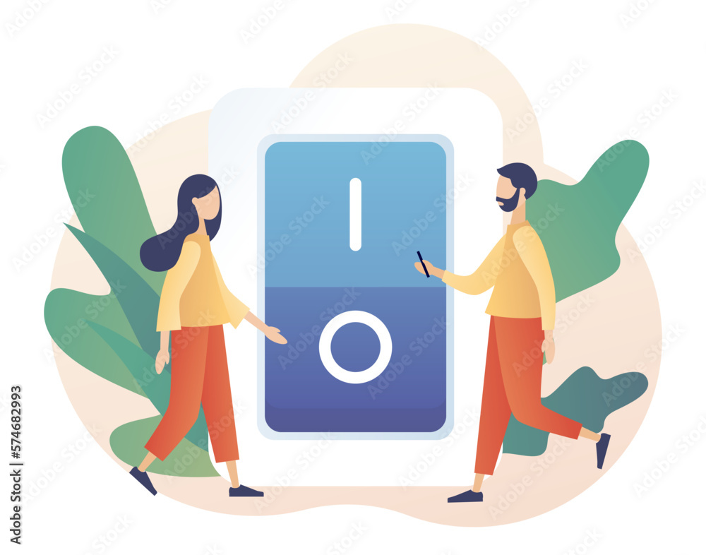 Characters turning off and turning on devices. On Off button concept ...