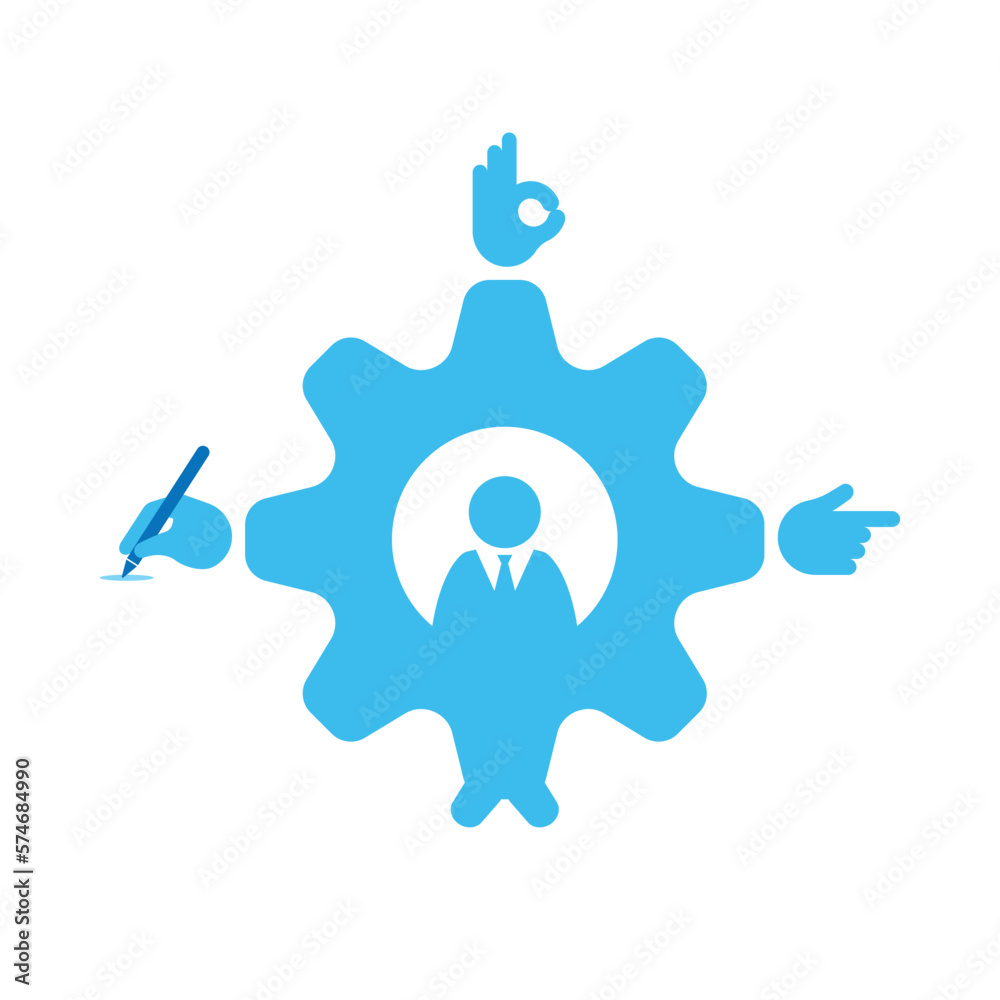 Gearwheel merged with businessman icon surrounded by hand gesture ...