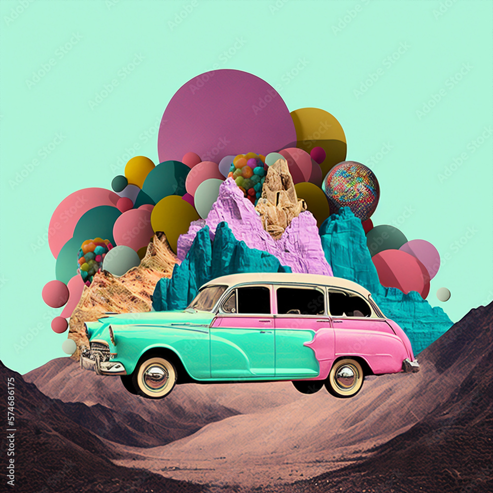 surreal dreamy pop collage travel theme, vibrant pastel colors, a ...