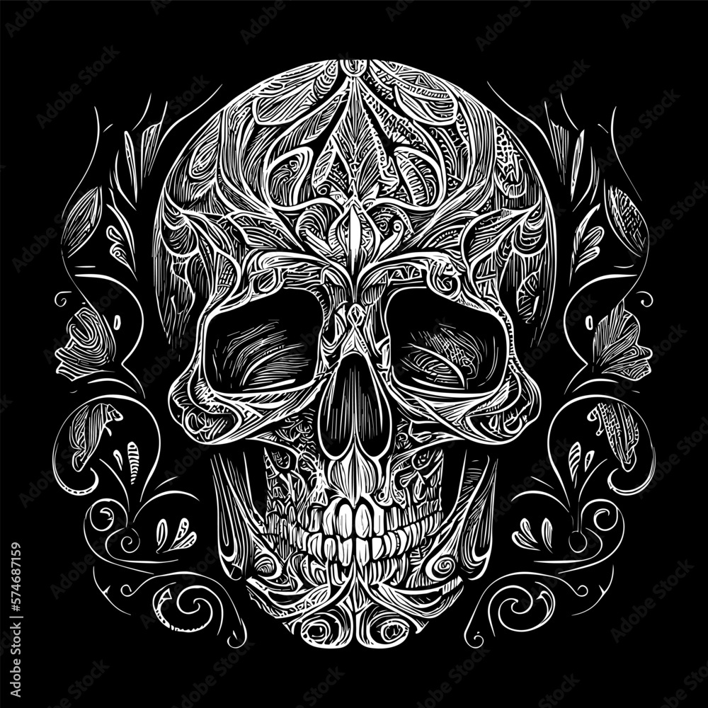 skull head illustration portrays a strikingly detailed and intricate ...