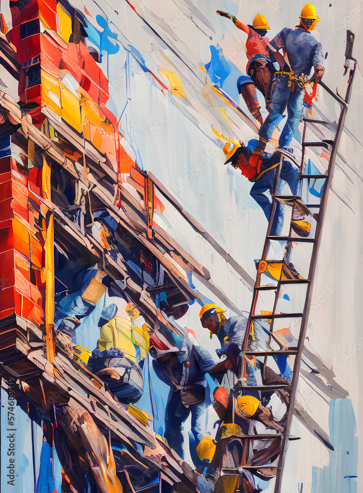 Construction workers on a construction site. Wear PPE for safety and to ...