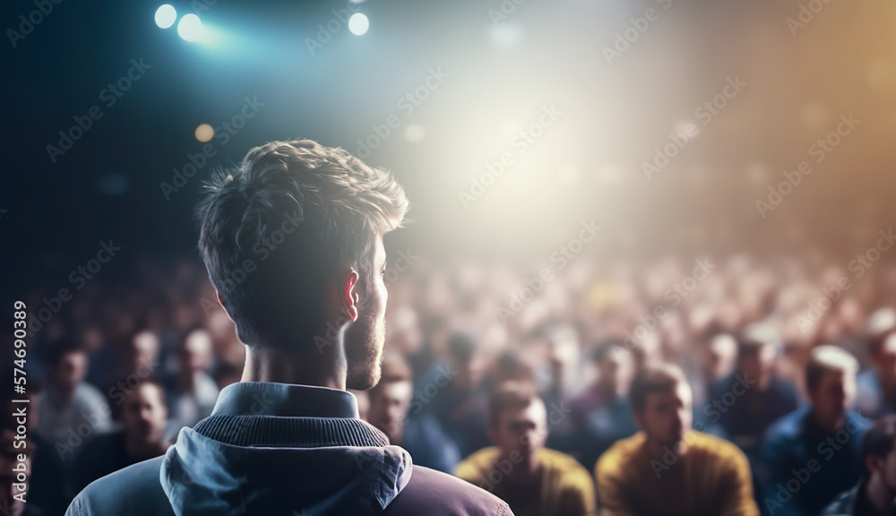 Ilustrace „Person Speaker or talking on stage with spotlight and many ...