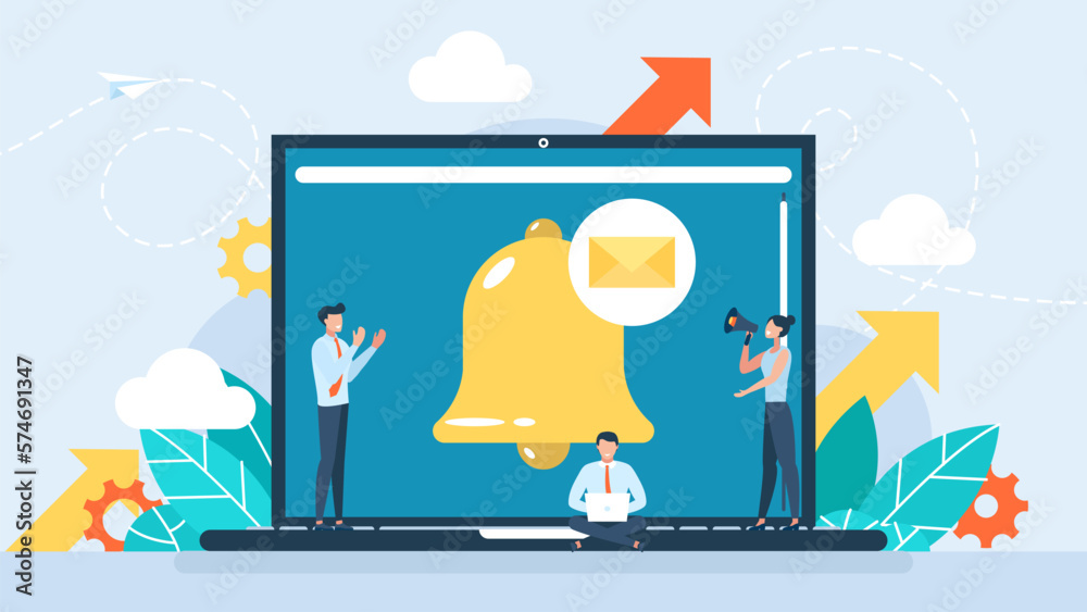 New notification on laptop screen. Tiny people get chat messages ...