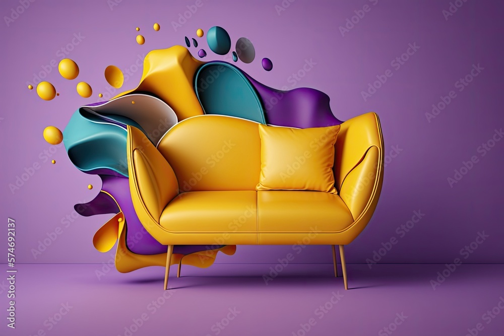 Flying soft leather sofa with shadow on colorful background. Modern ...
