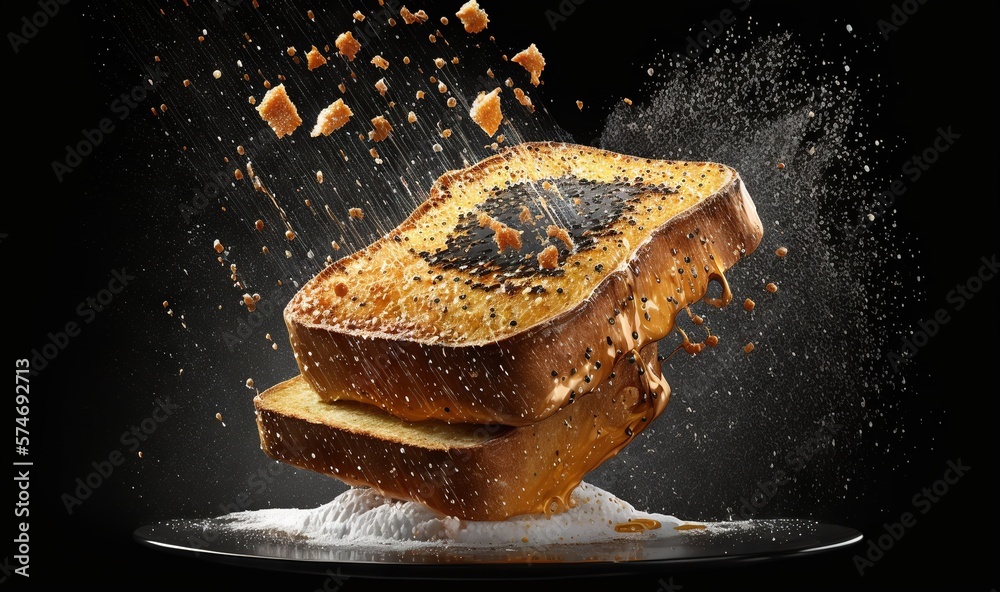 a piece of bread is falling into the air with a splash of salt on it ...