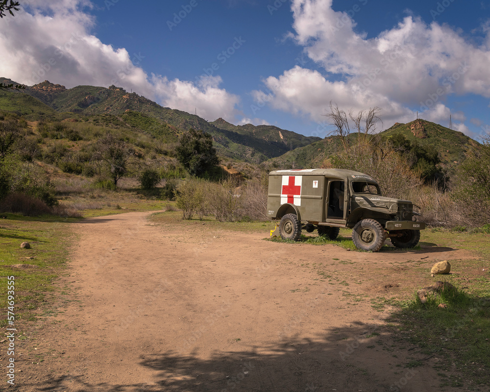 February 22, 2023, Calabasas, CA, USA: An old Army ambulance, used on ...