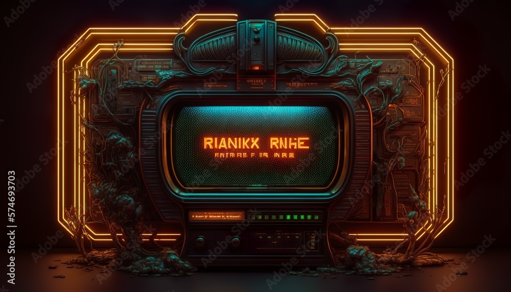 Dark sci-fi television device with cyberpunk screen and neon display in ...
