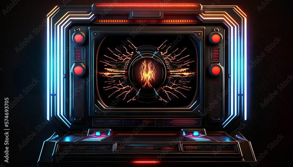 Dark sci-fi television device with cyberpunk screen and neon display in ...