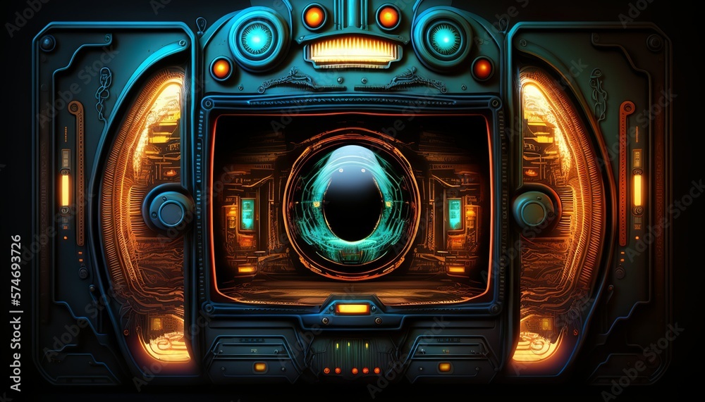 Dark sci-fi television device with cyberpunk screen and neon display in ...